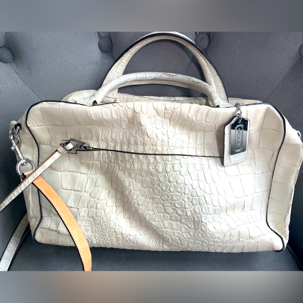 Coach Crocodile Embossed White Leather Handbag - Gem